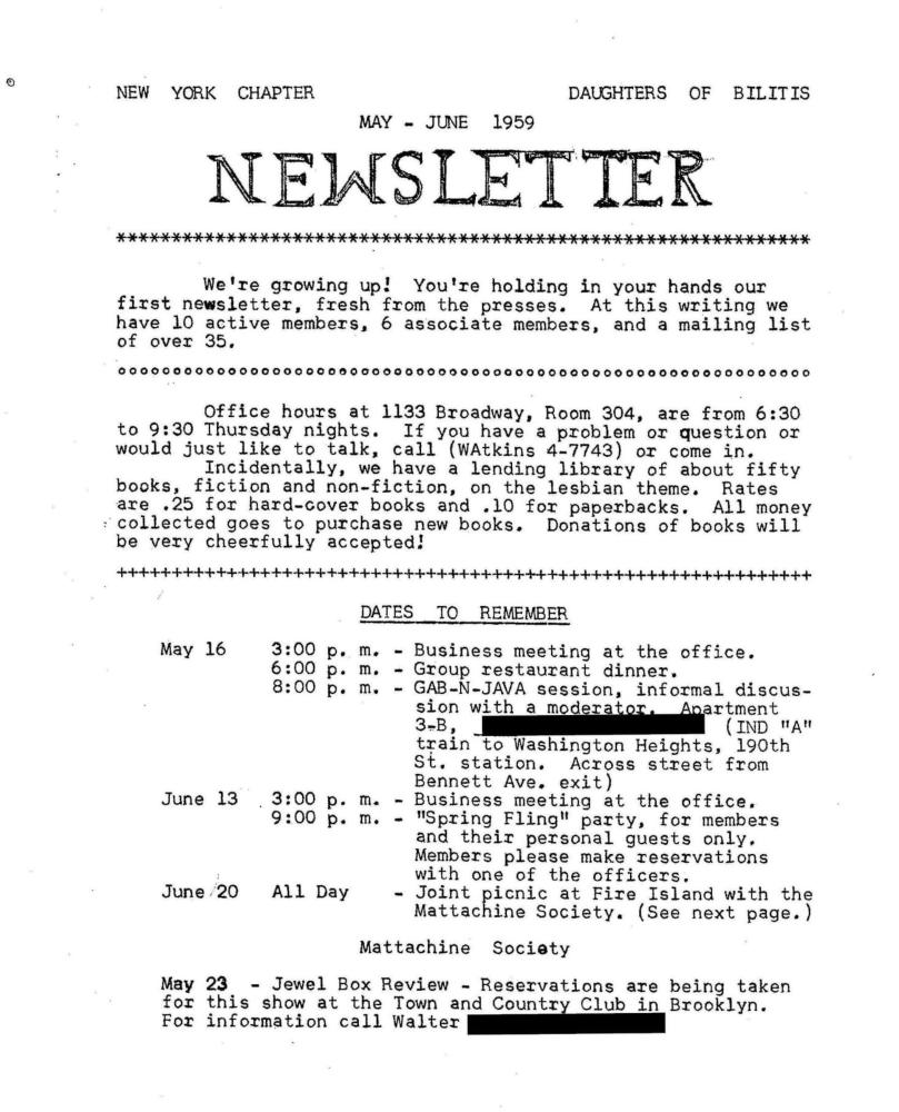 Daughters of Bilitis Newsletter New York Area Chapter May-June 1959 ...